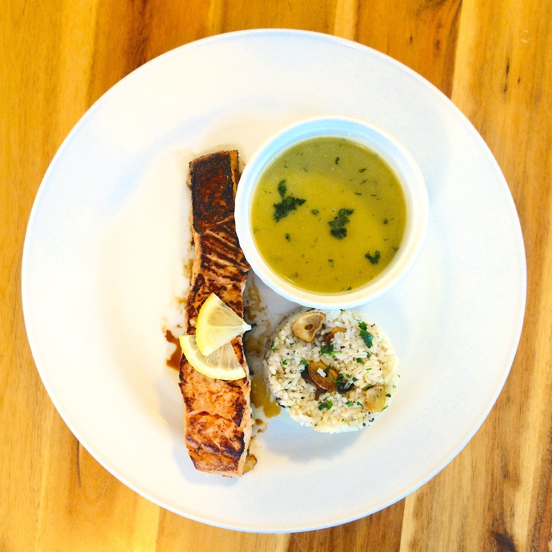 Meatless Friday: Pan-Seared Salmon, Asparagus Soup, and Butter Garlic Rice